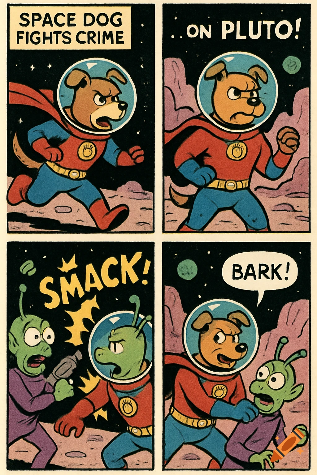 Comic strip panels show Space Dog, a superhero dog, fighting aliens on ...