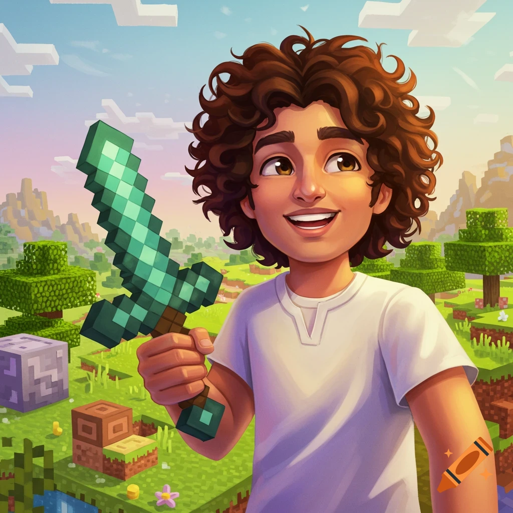 A smiling cartoon person with curly hair holds a Minecraft diamond ...