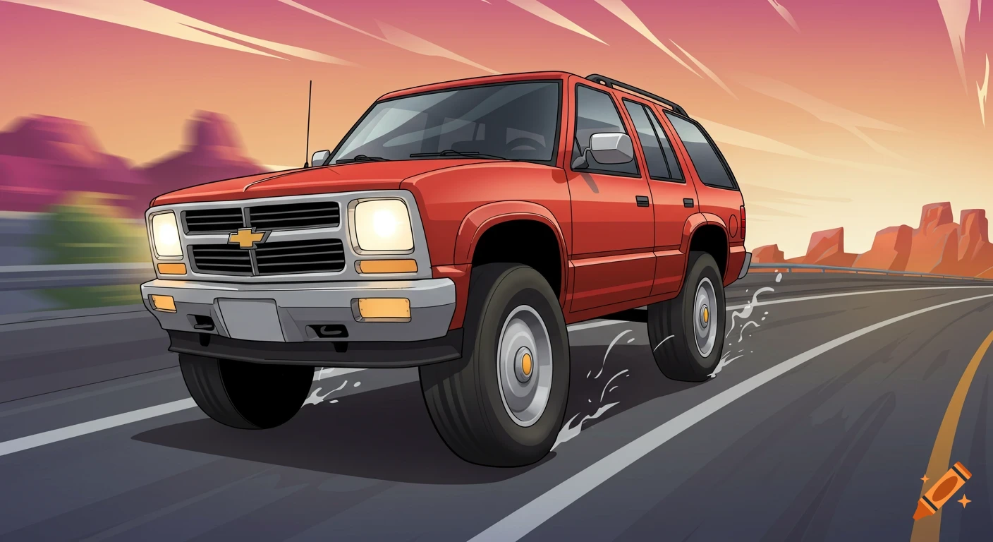 A red cartoon Chevrolet Blazer SUV drives on a highway at sunset with ...