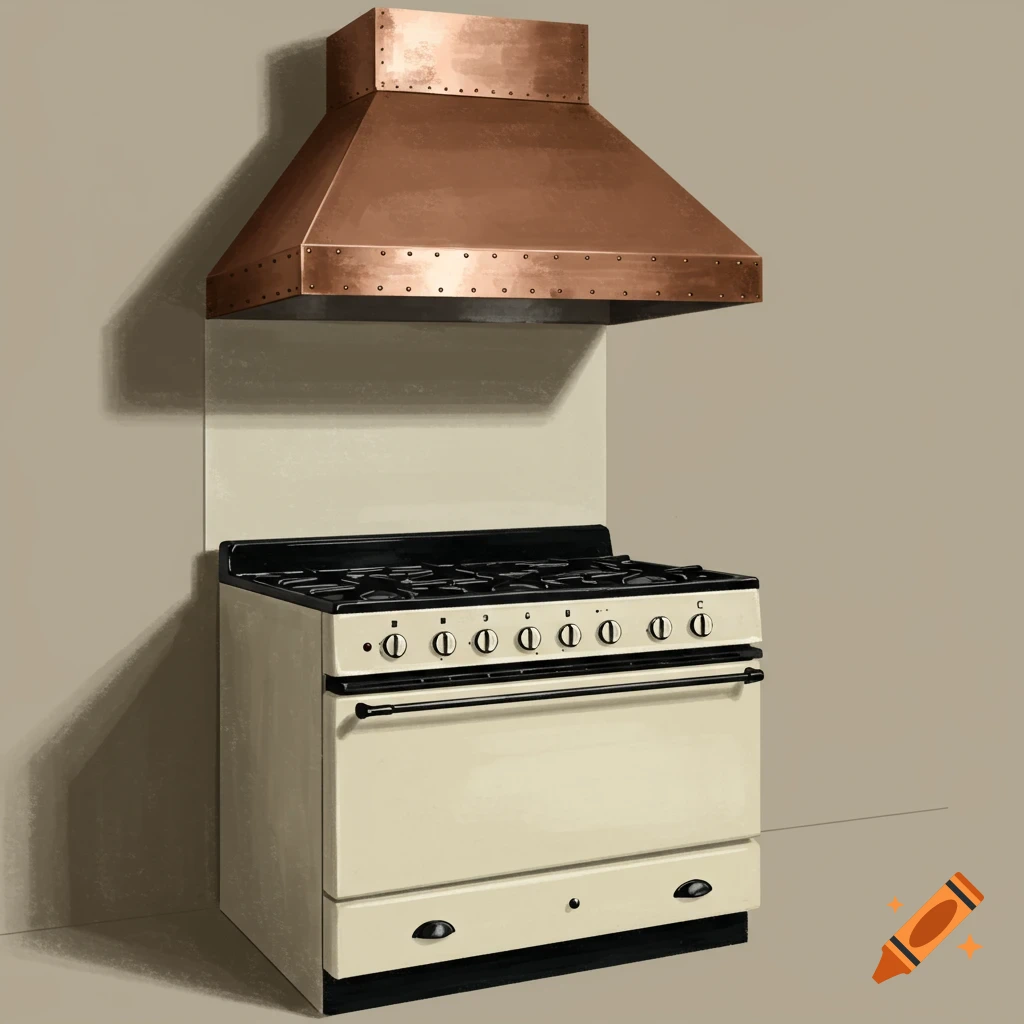 A cream-colored oven with black accents sits under a beaten copper ...