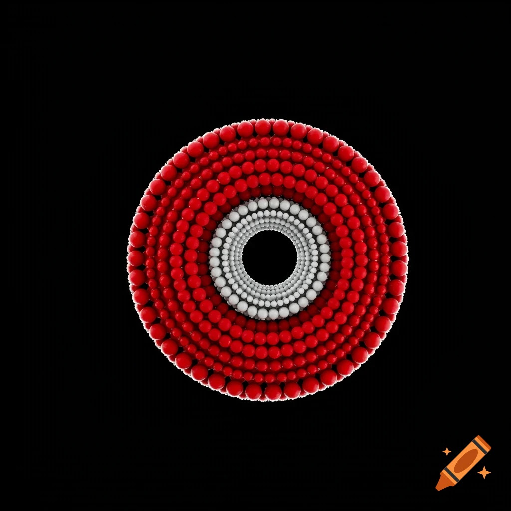 A 3D rendered Fibonacci spiral made of red and white beads on a black ...