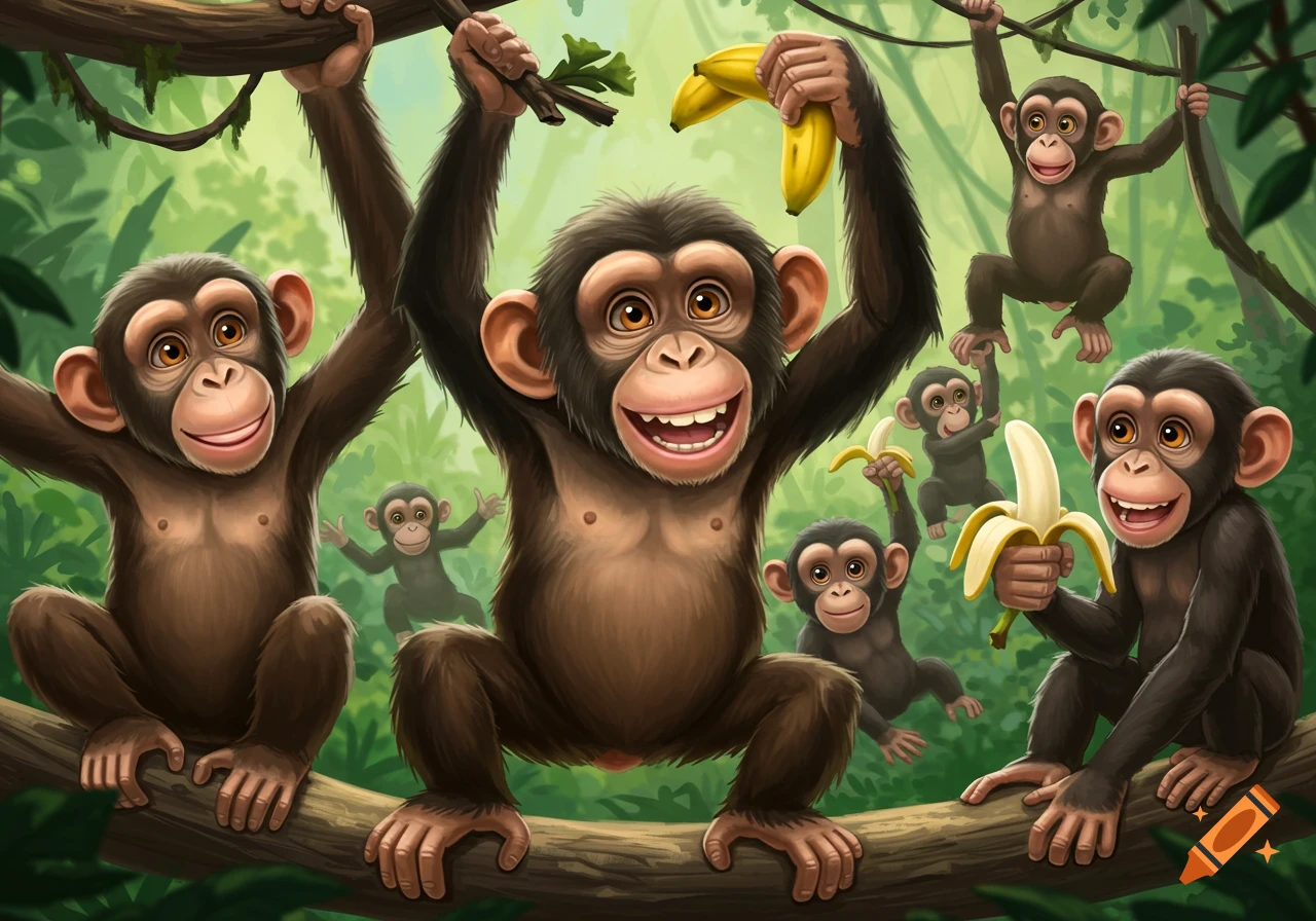 A group of cartoon chimpanzees hang and sit on branches in a jungle ...