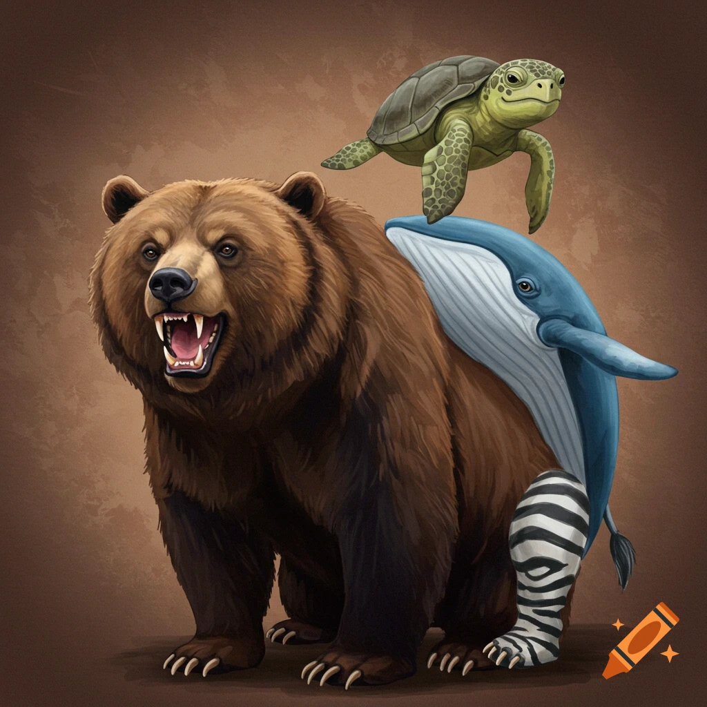 A composite creature with a bear body, whale back, turtle on top, and a ...
