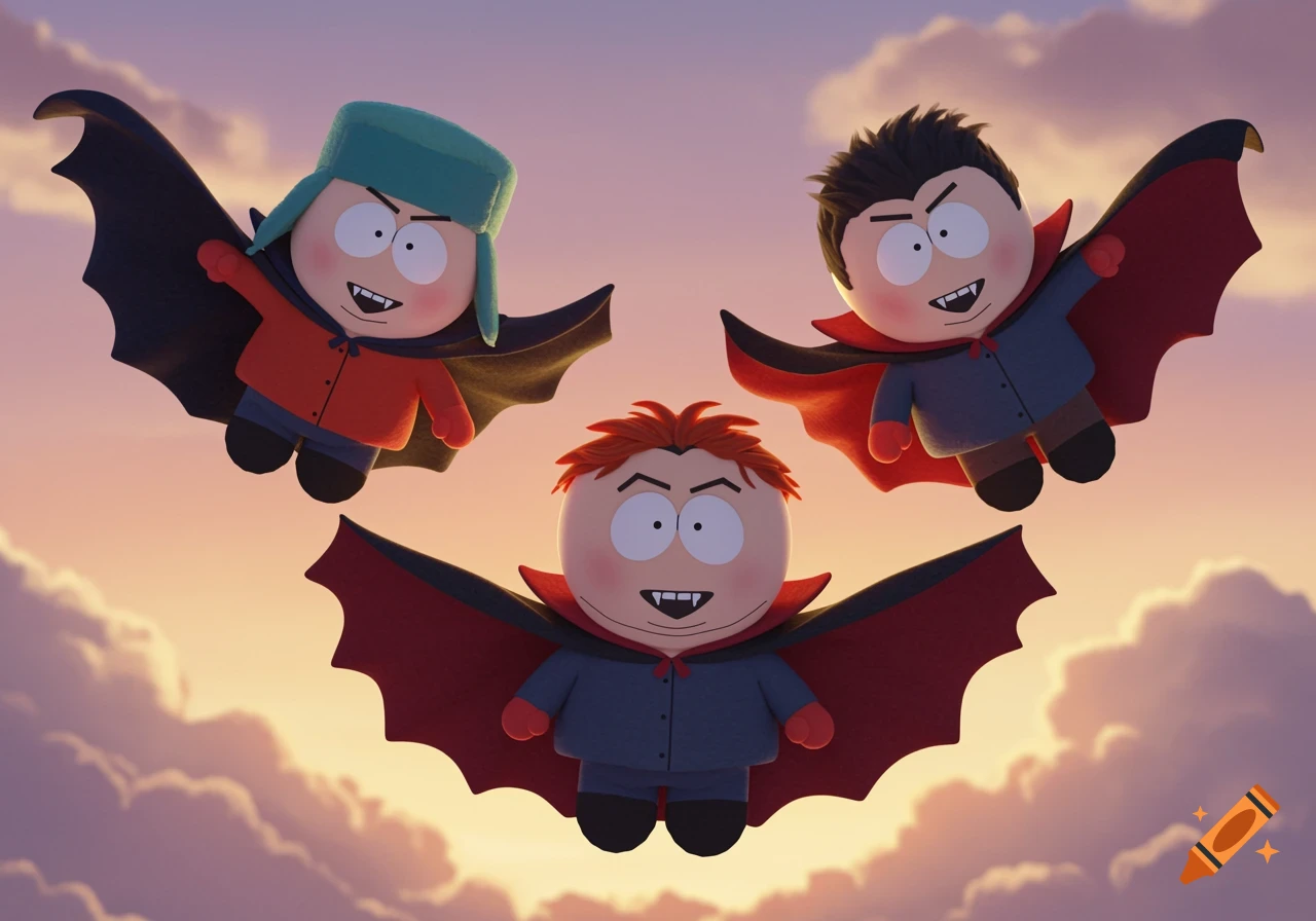 Three stylized characters resembling South Park characters dressed as ...