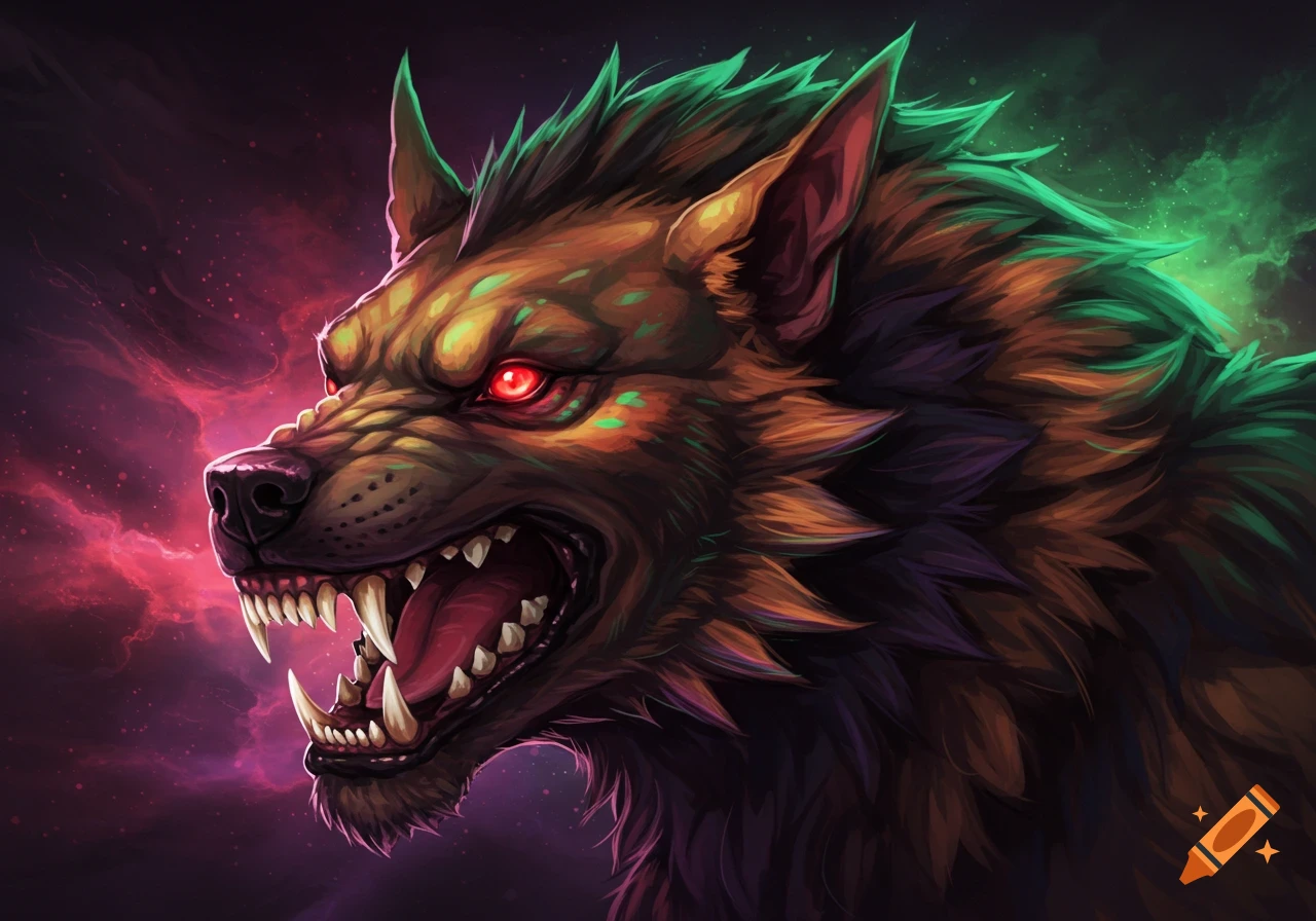 Close-up digital painting of a snarling monster with glowing red eyes ...