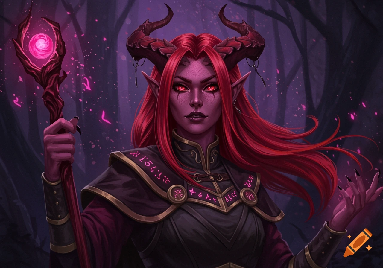 Fantasy portrait of a Tiefling warlock with red hair and horns, holding ...