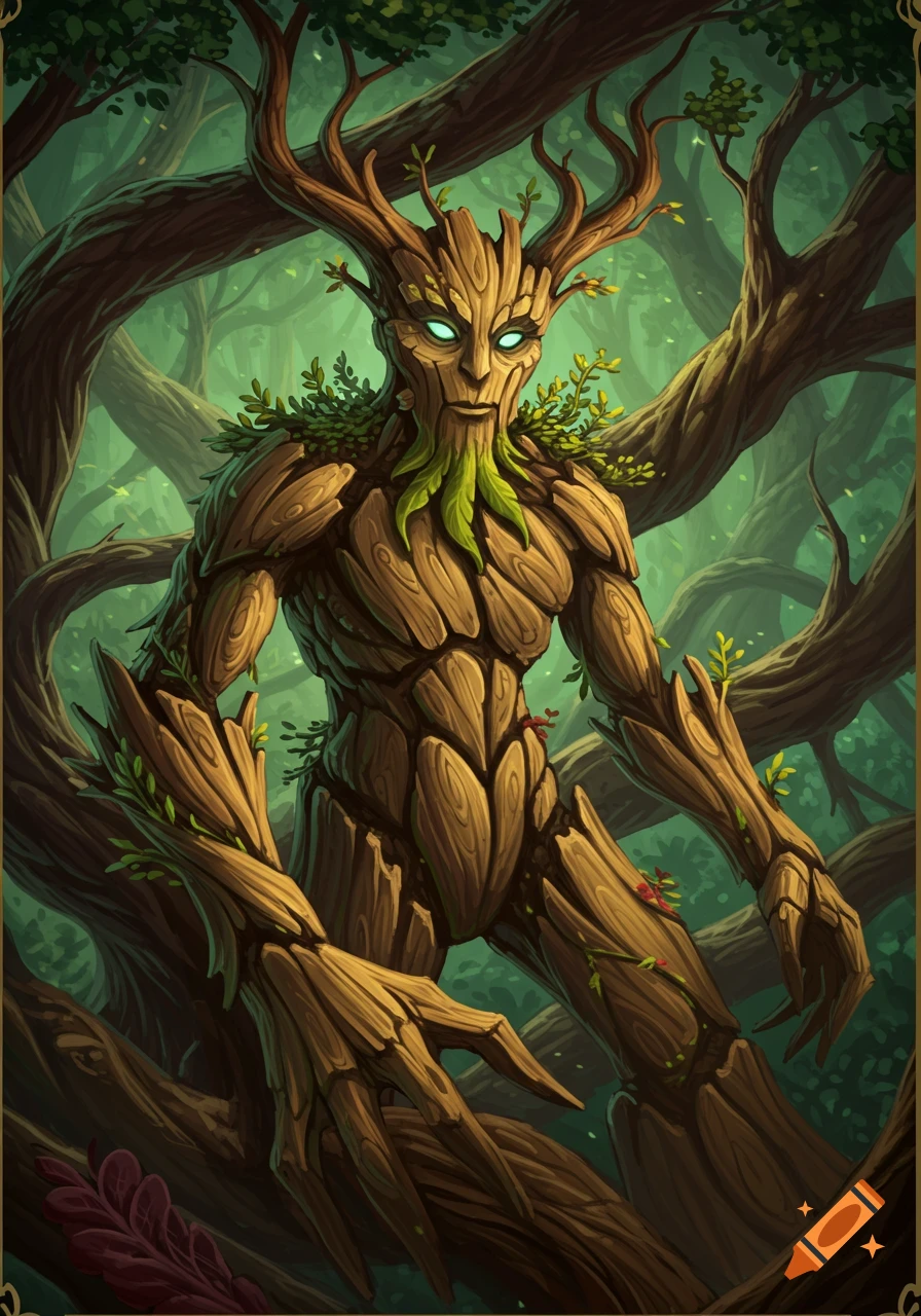 A fantasy creature made of wood and leaves standing in a forest. on Craiyon