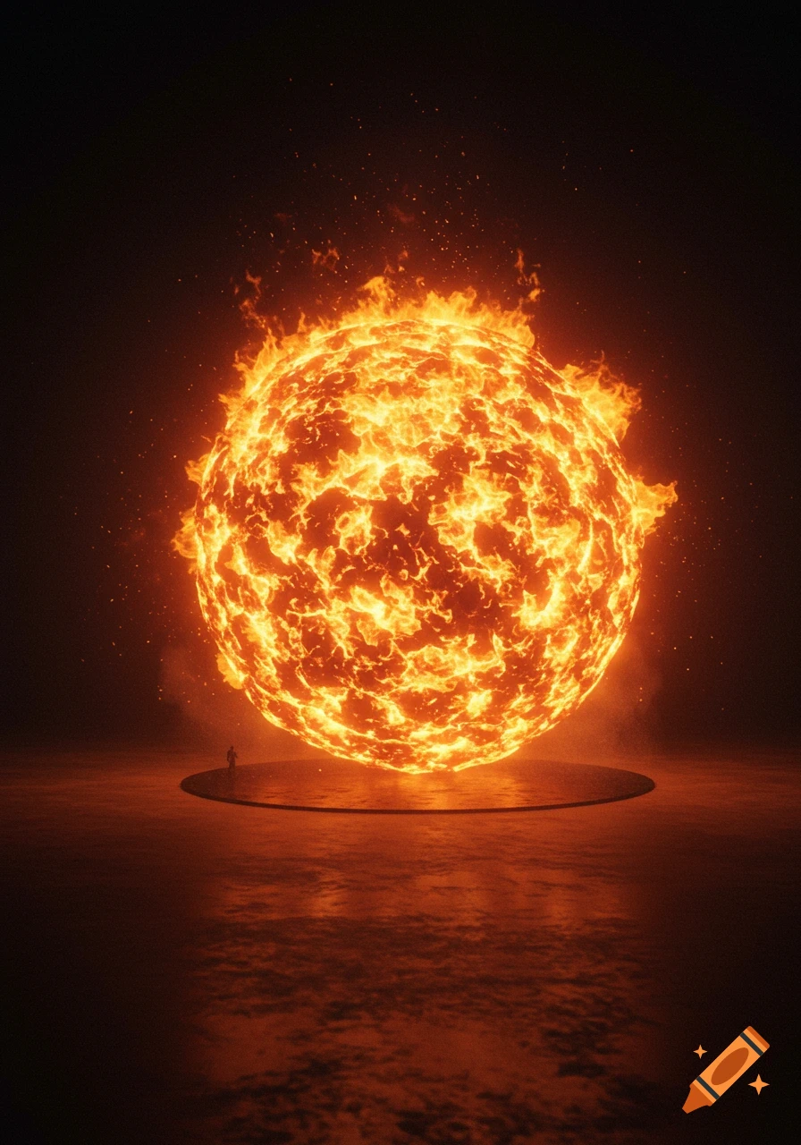 A giant burning sphere floats above a platform with a small figure in a dark room. on Craiyon