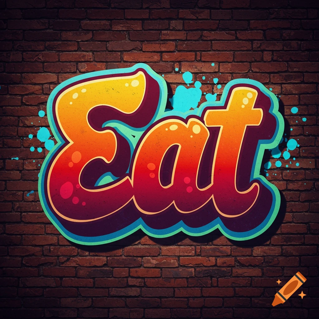 Graffiti art of the word 'Eat' in colorful, bubbly letters on a brick ...