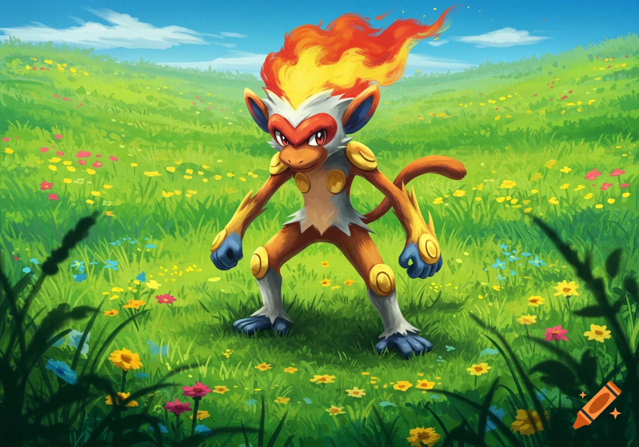Infernape stands in a grassy field filled with colorful flowers, in a ...