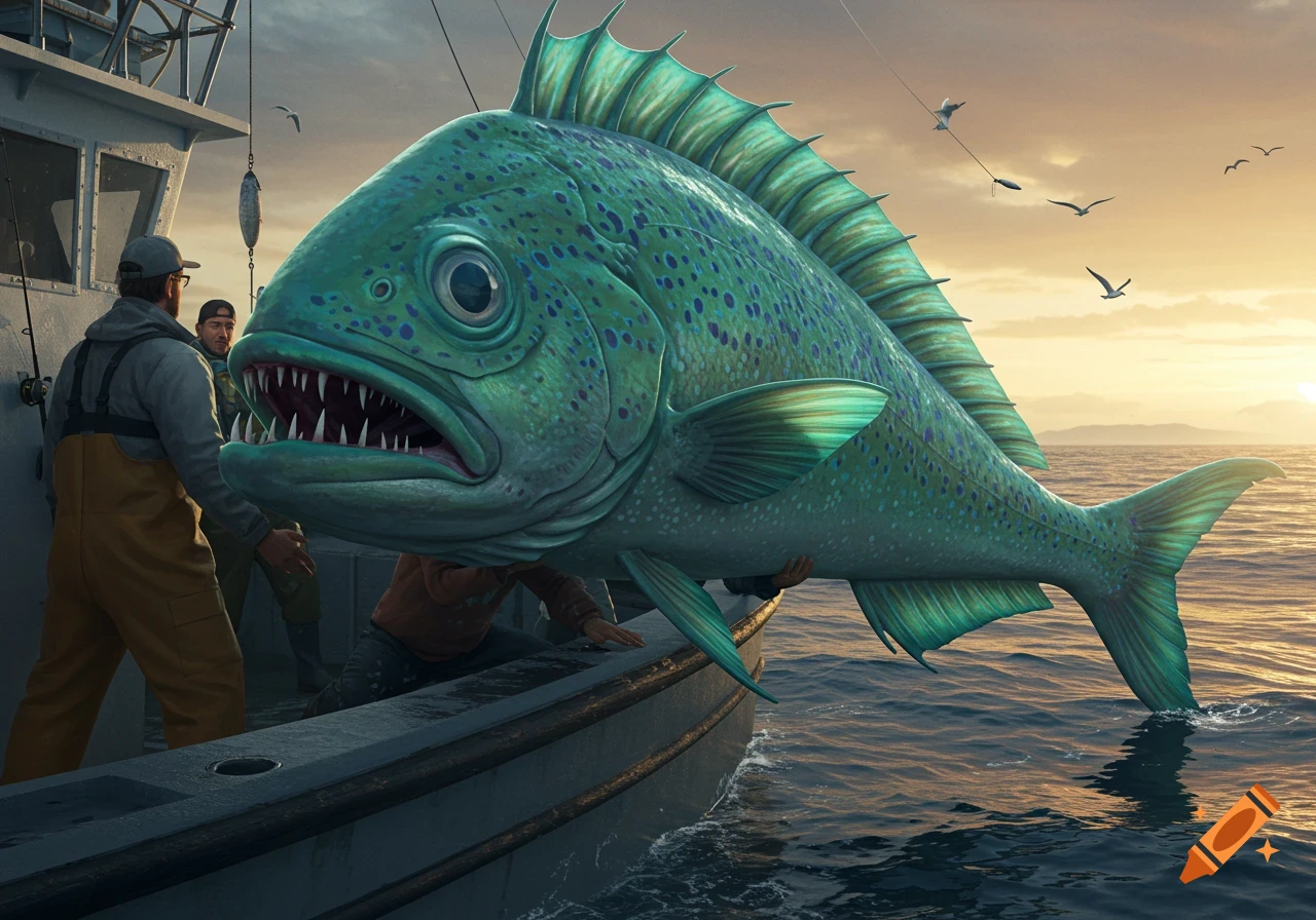 Fishermen on a boat lifting a massive, weird green fish with sharp ...