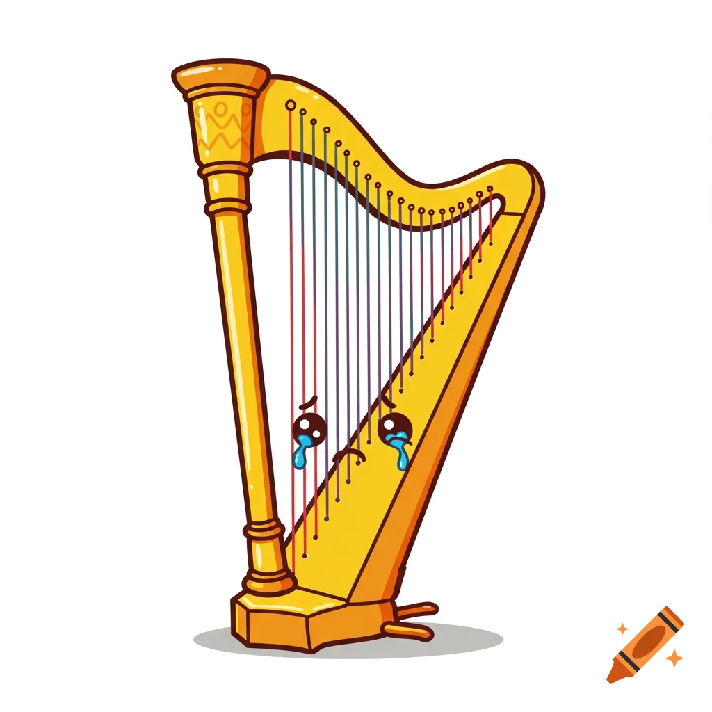 A cartoony 2D illustration of a golden harp with a sad face and tears ...