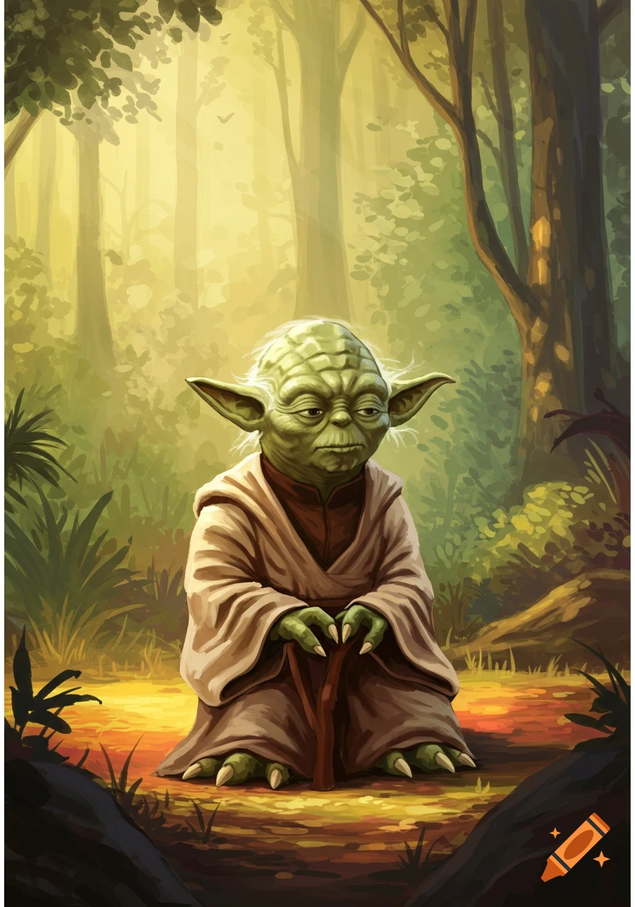 A stylized painting of Yoda sitting with a staff in a sunlit forest. on ...