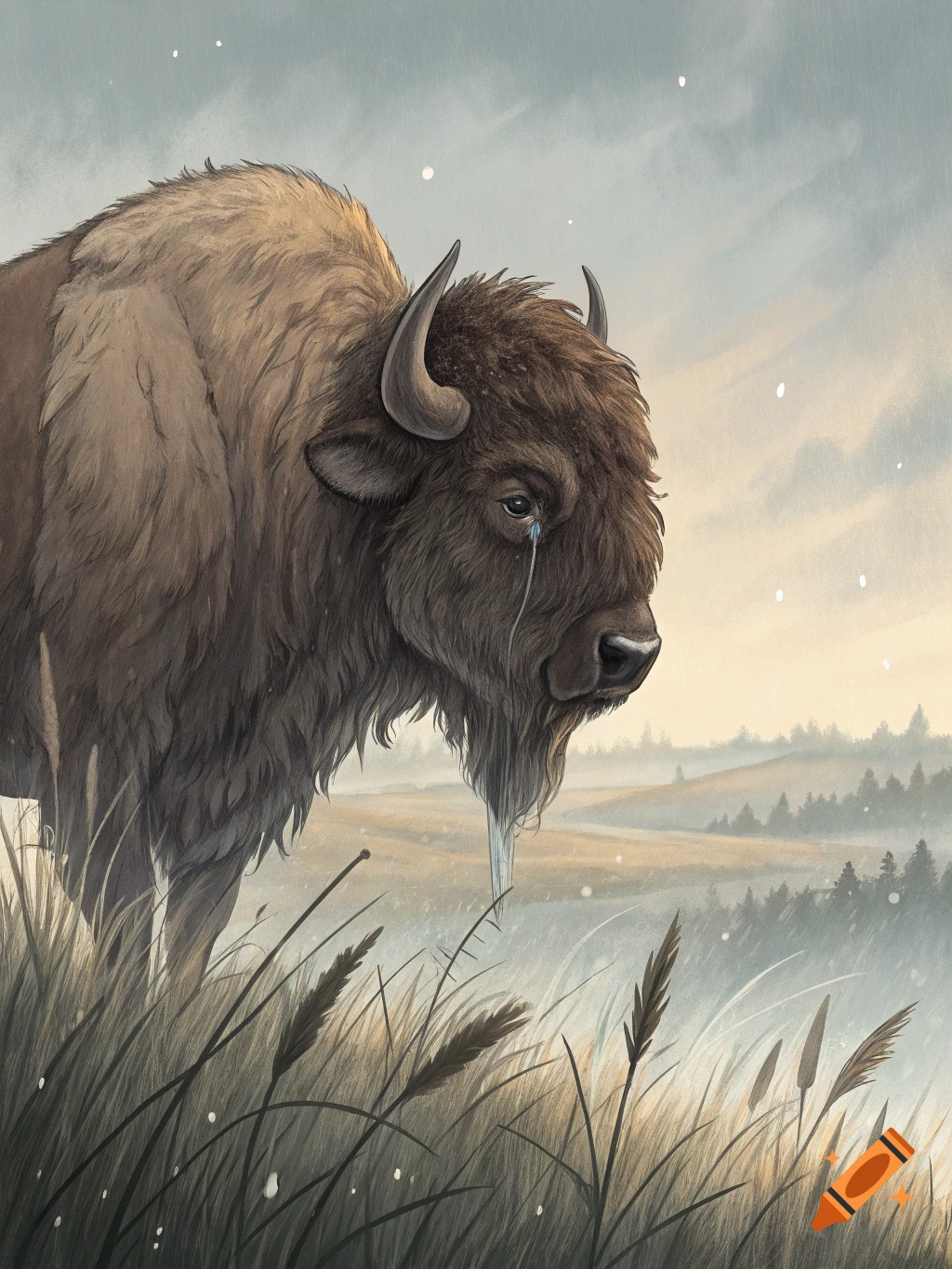 A sad bison stands in a misty field with grass, as rain or snow falls ...
