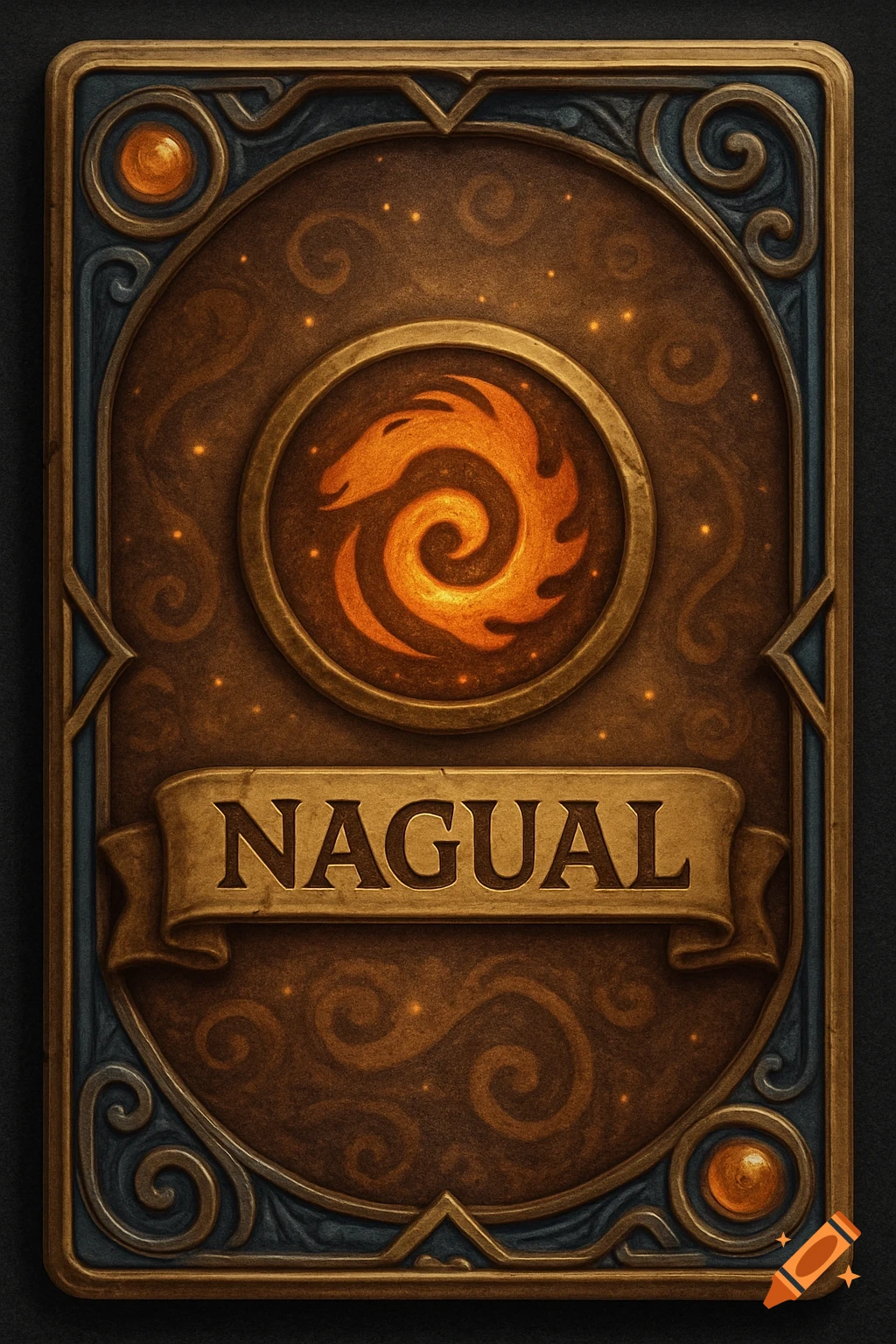 Ornate fantasy trading card back with the word NAGUAL and a fiery dragon symbol. on Craiyon