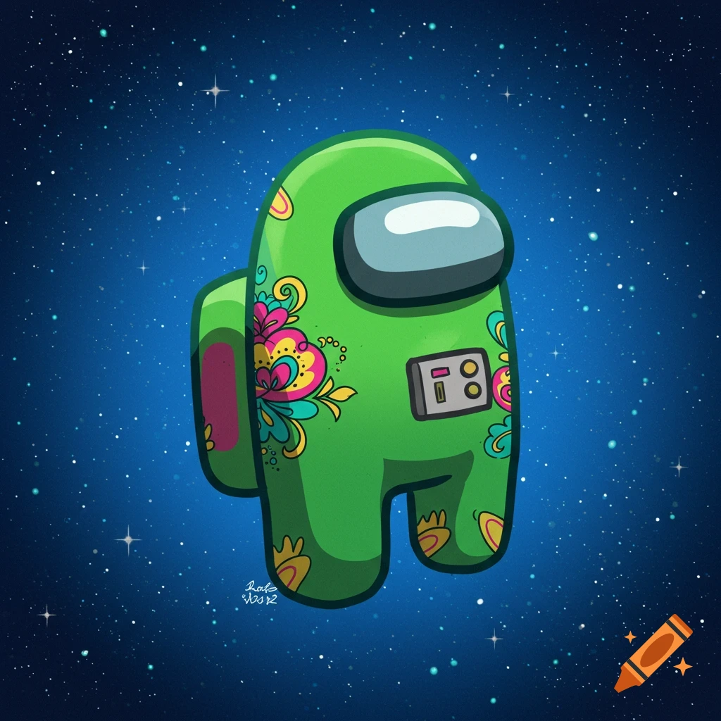 A green Among Us character decorated with colorful floral patterns ...
