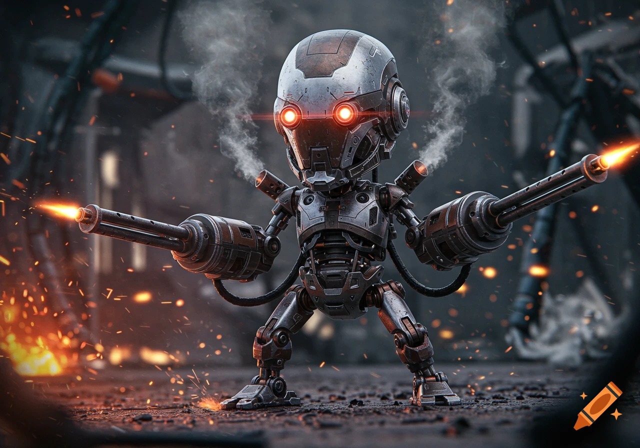 A small futuristic robot fires gatling guns in a battle scene with ...