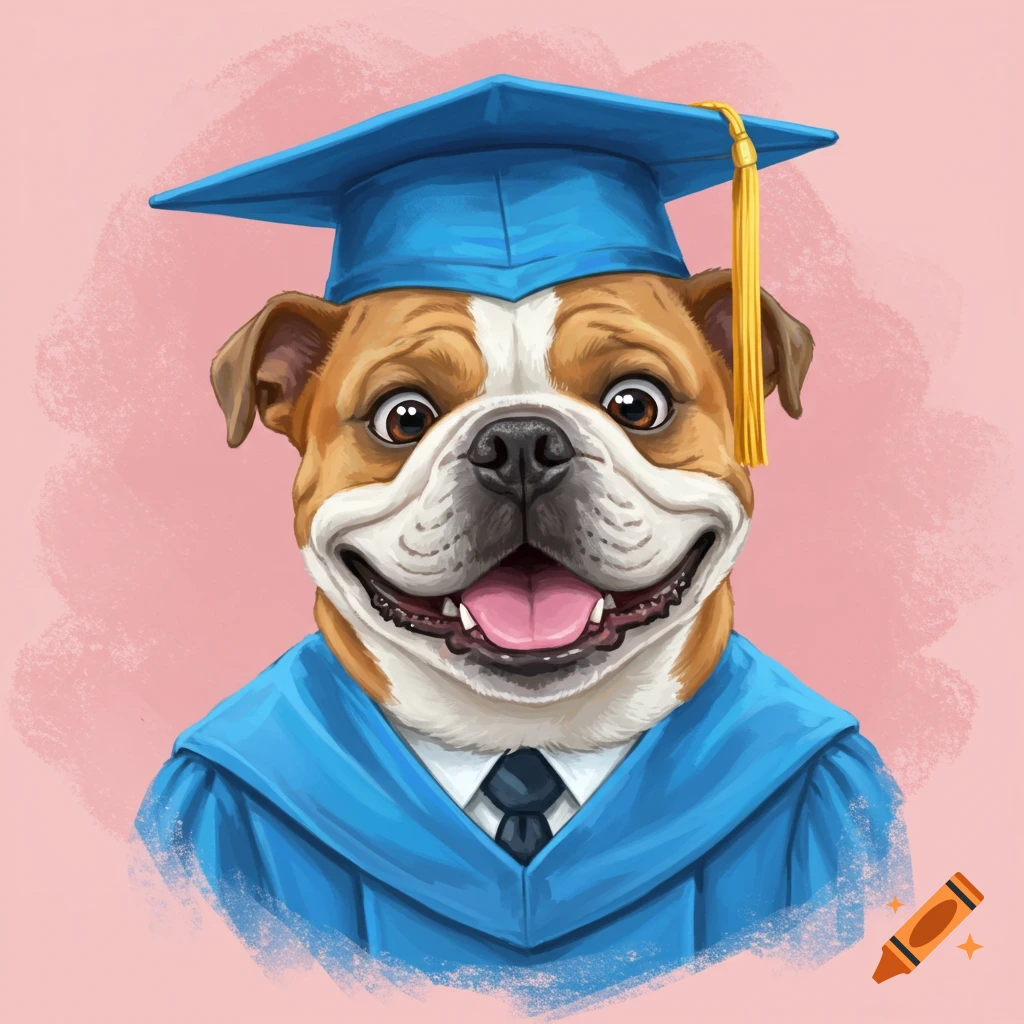 An illustration of a happy bulldog wearing a blue graduation cap and ...