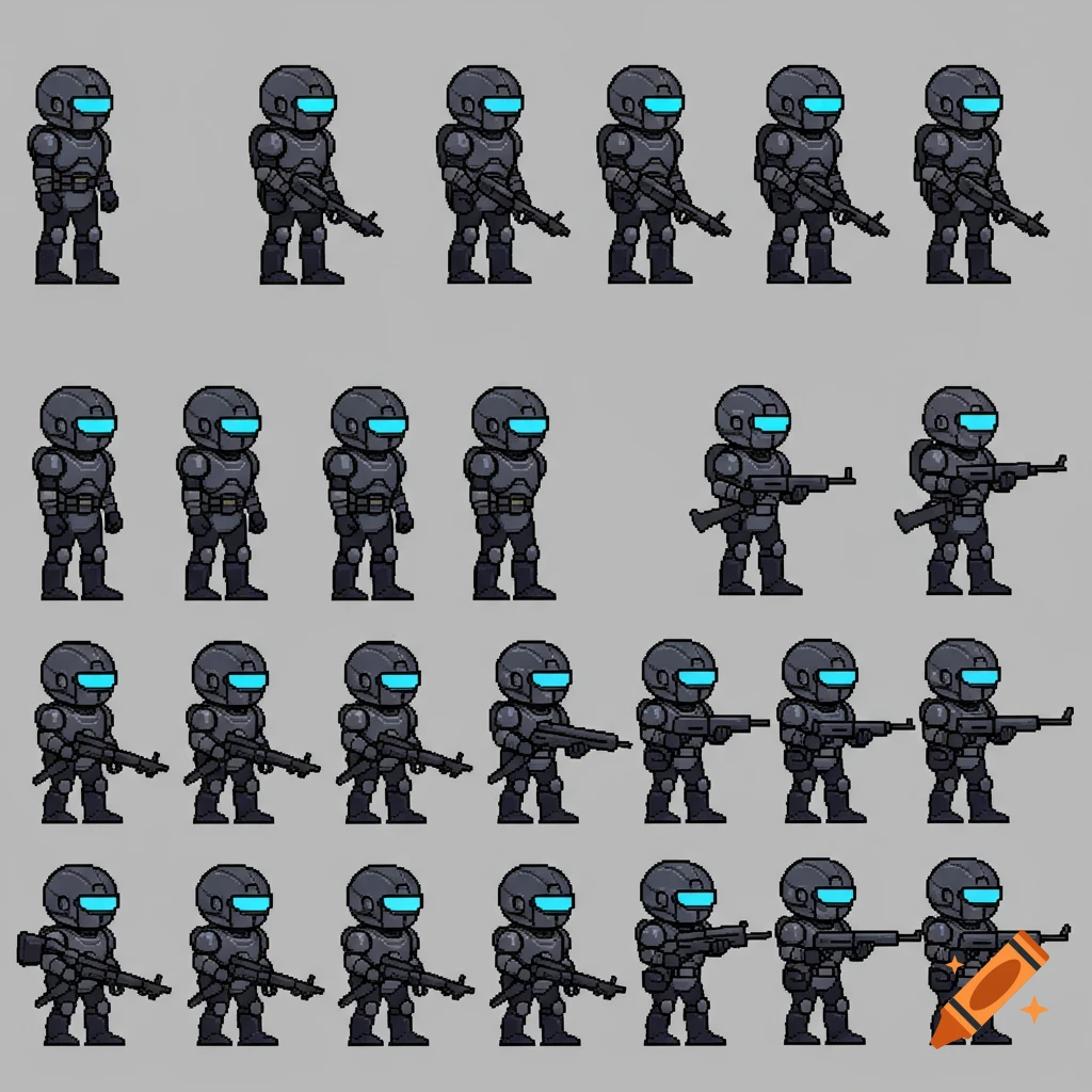 A grid of pixel art sprites showing a soldier in dark gray armor with a ...