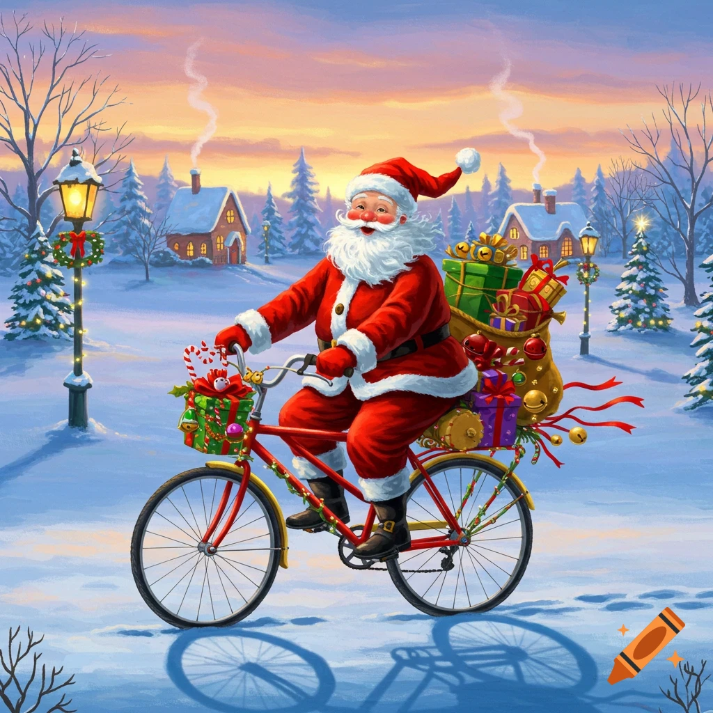 Illustration of Santa Claus riding a bicycle filled with gifts through ...
