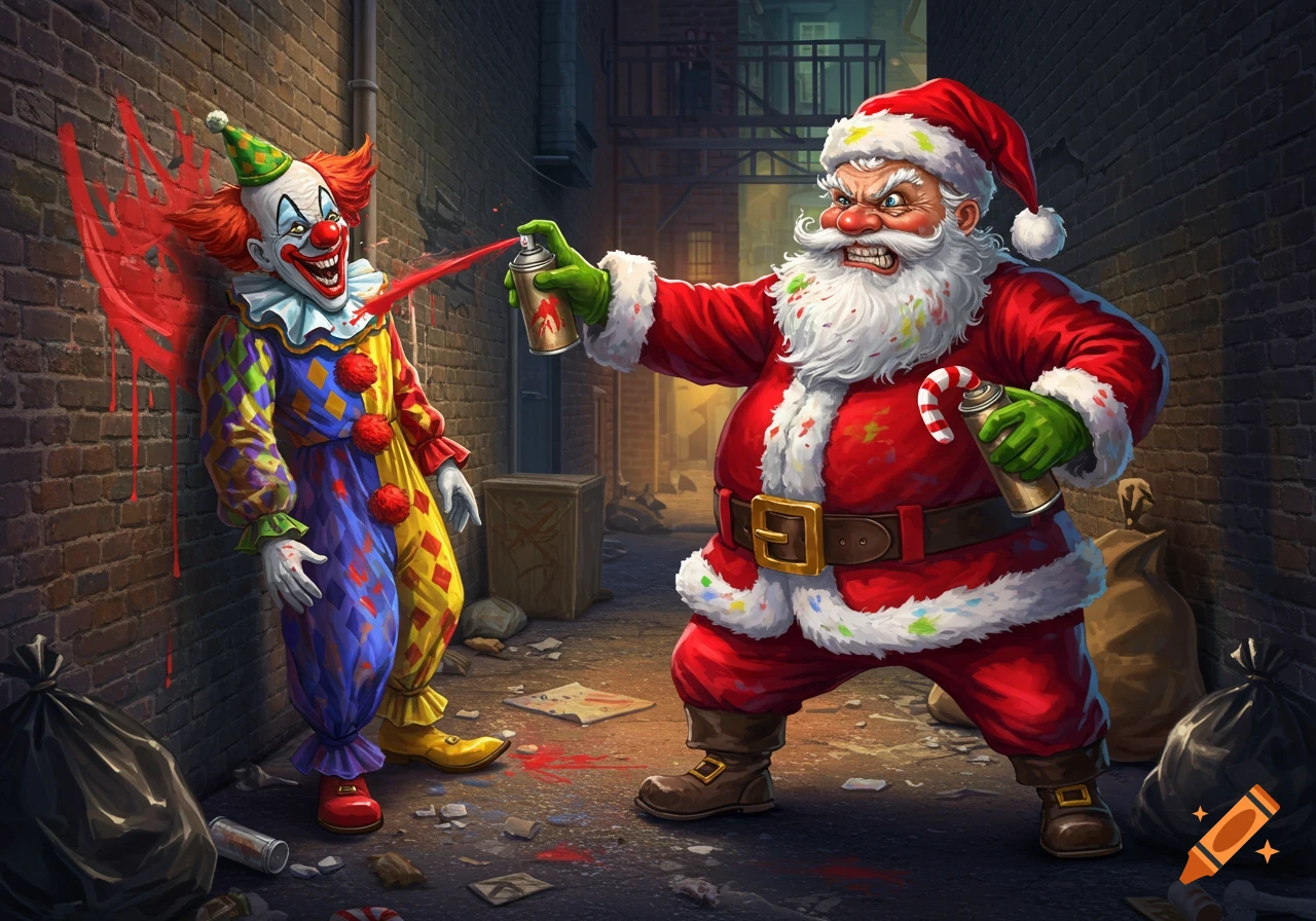 An illustration of Santa Claus spraying a clown with red paint in a ...