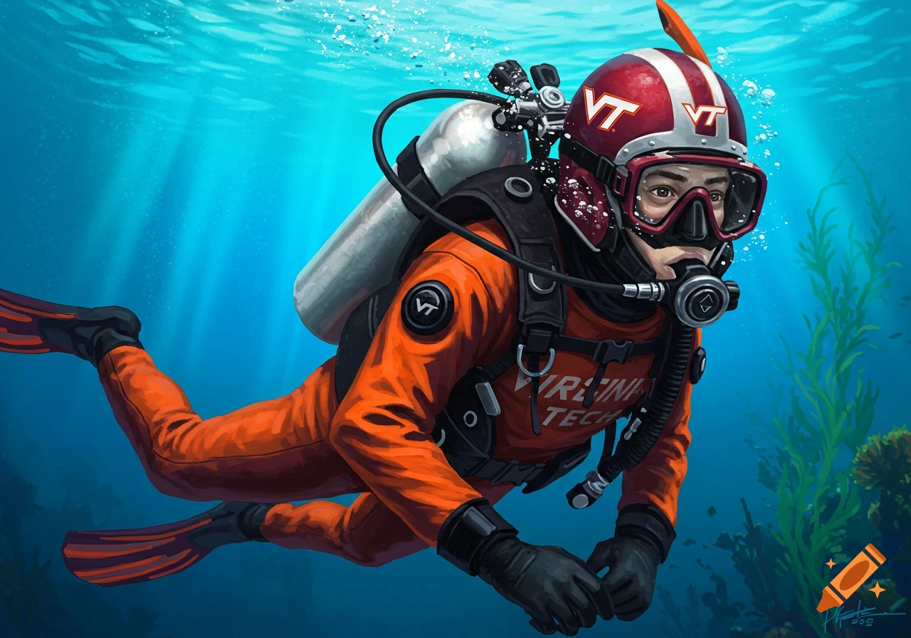 An illustration of a scuba diver in an orange suit and a helmet with ...