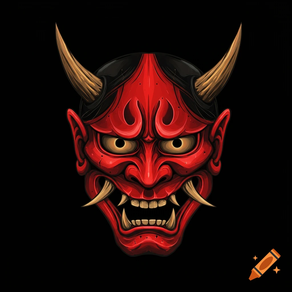 Illustration of a red Japanese Oni mask with gold horns and fangs. on ...