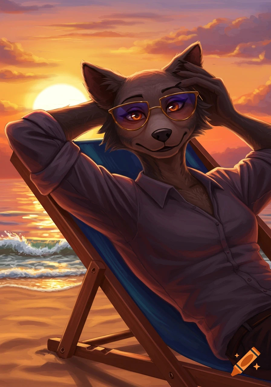 Furry character Juno relaxing in a beach chair at sunset on Craiyon