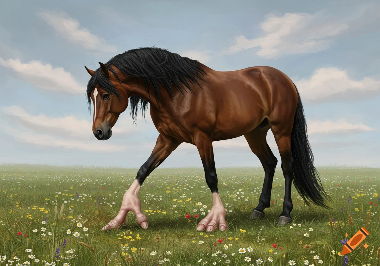 A brown horse with human hands instead of hooves walks through a field ...