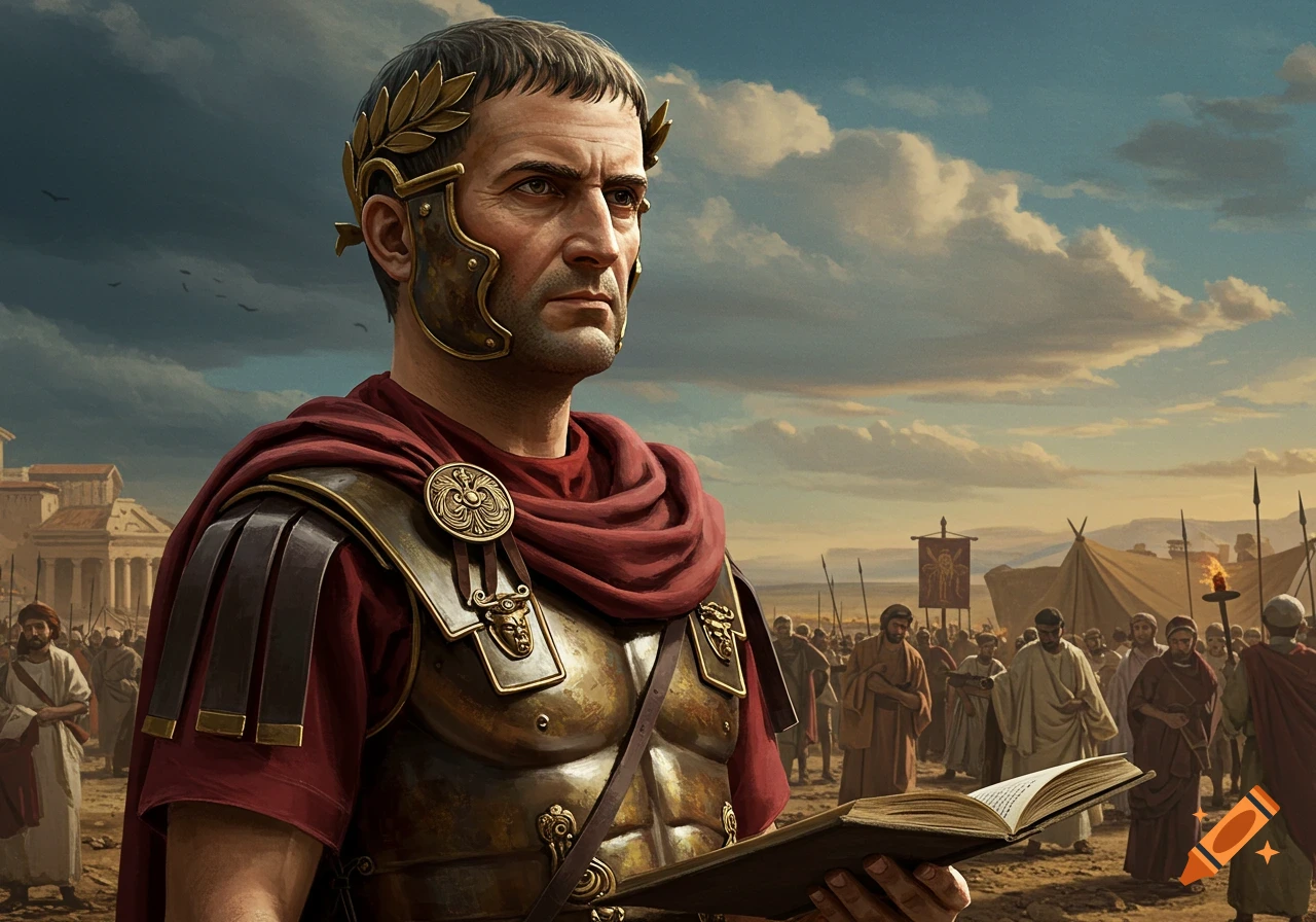 Roman general in armor and laurel wreath holding a book, with a crowd ...