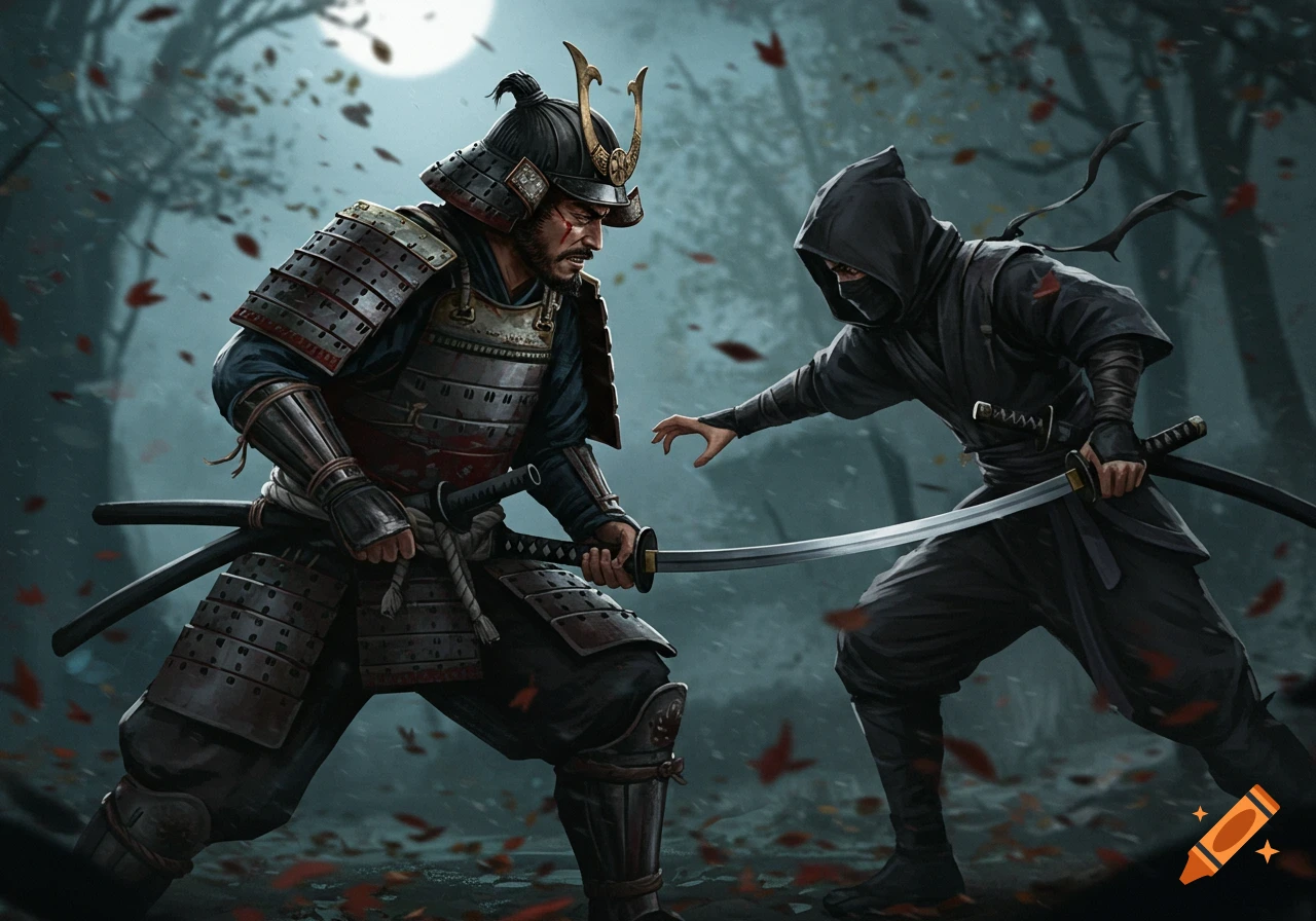 A samurai and a ninja face off with swords drawn in a foggy forest at ...