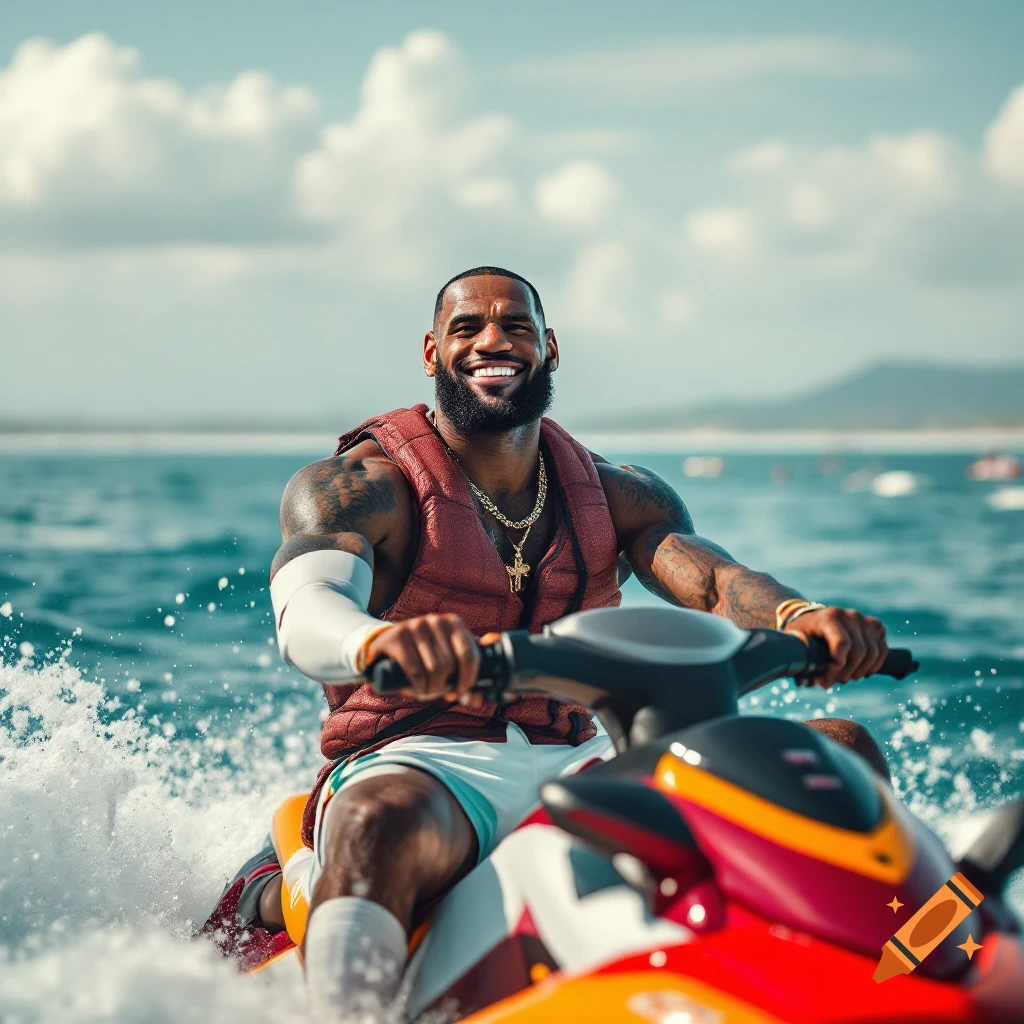 LeBron James riding a jet ski on the water. on Craiyon