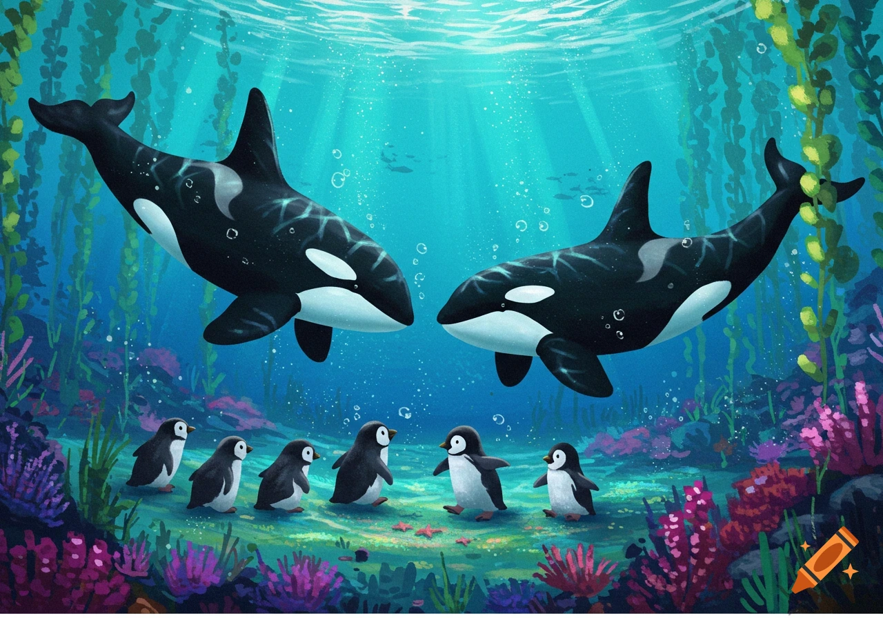 Two cartoon orcas swim above six penguins walking on the seabed among ...