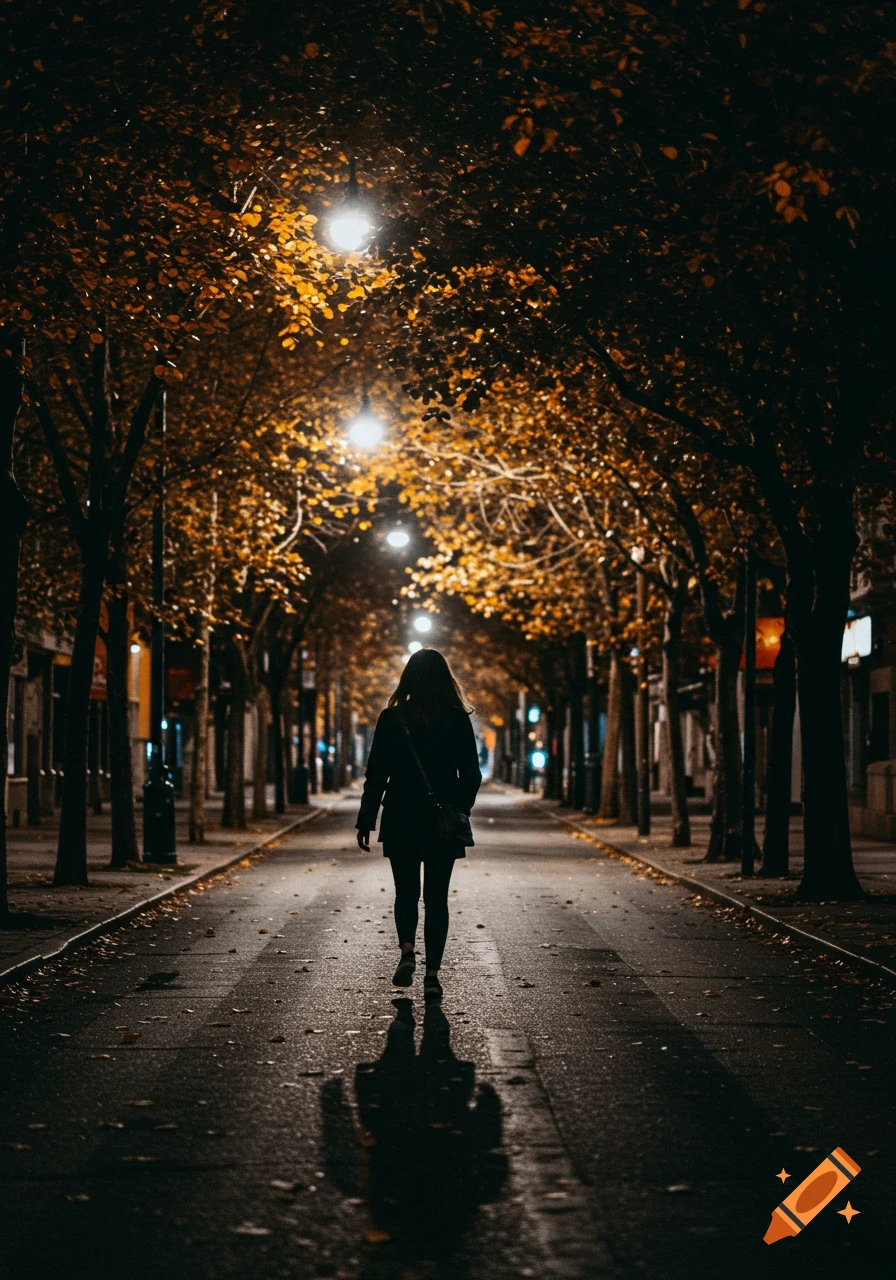 Silhouette of a person walking down a street lined with autumn trees at ...