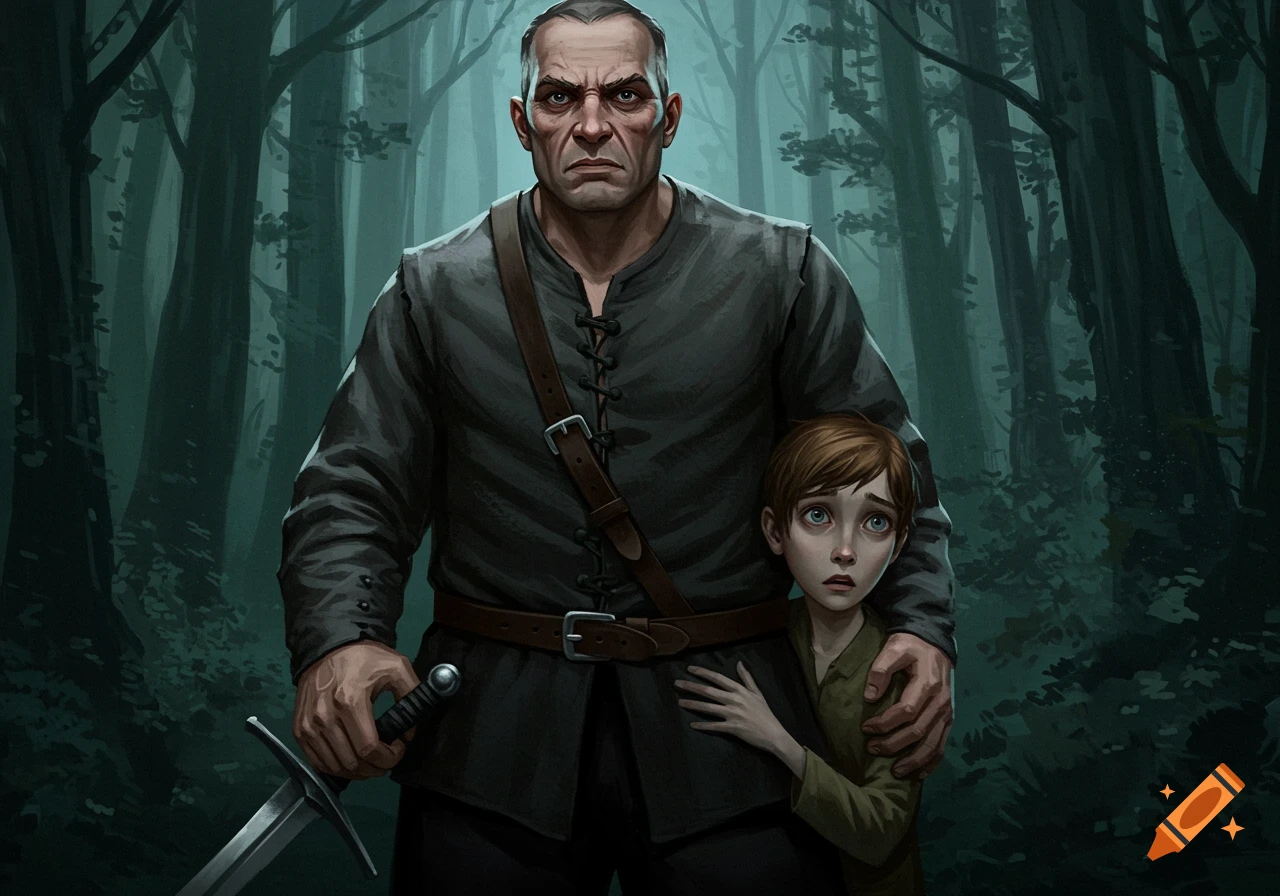 Illustration of a strong man with a sword protecting a scared boy in a ...