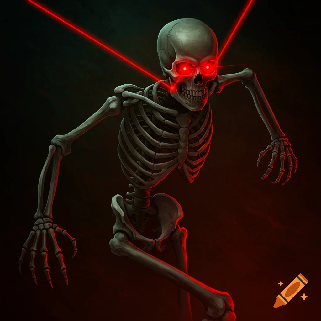 A skeleton with glowing red eyes shoots red laser beams forward. on Craiyon
