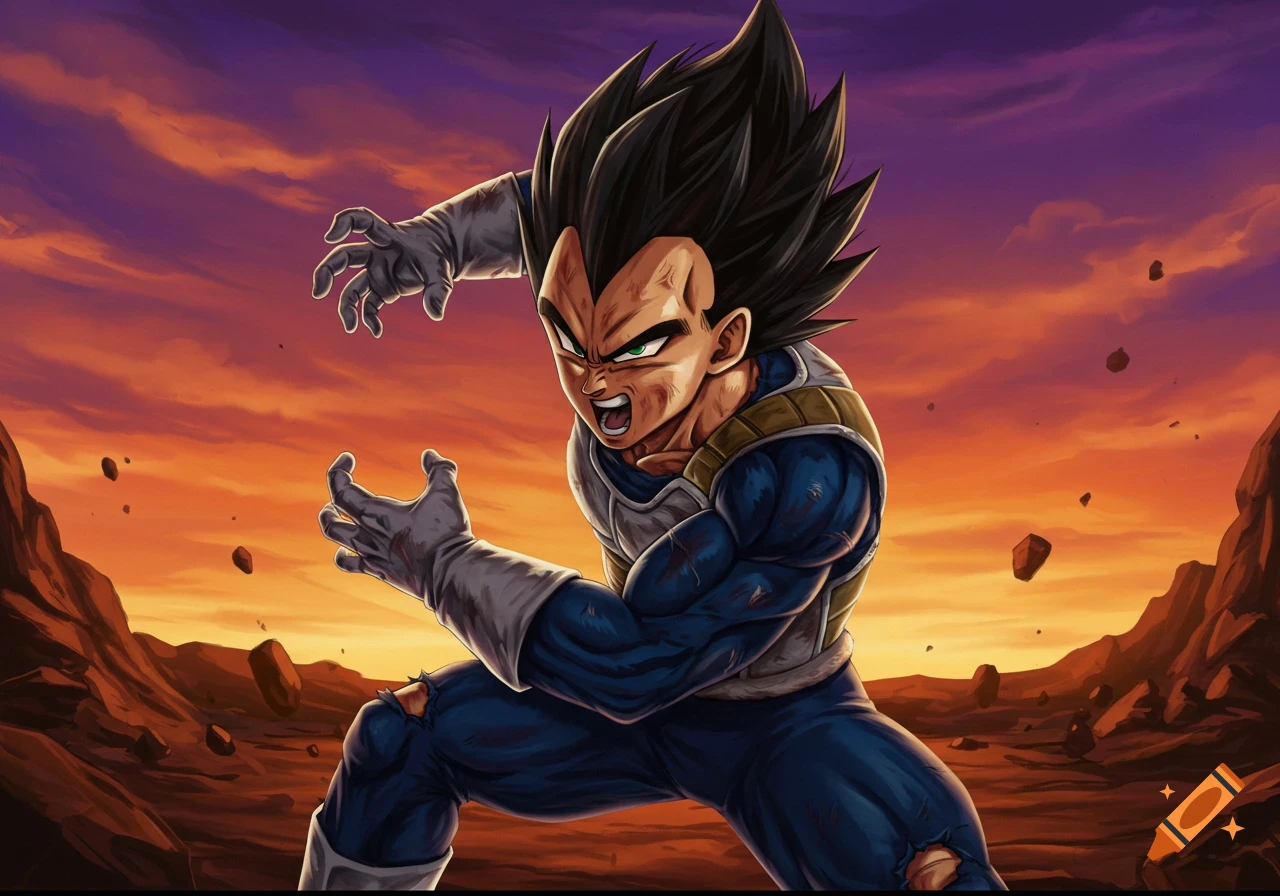 Vegeta from Dragon Ball Z in a dynamic pose in a desolate landscape. on ...
