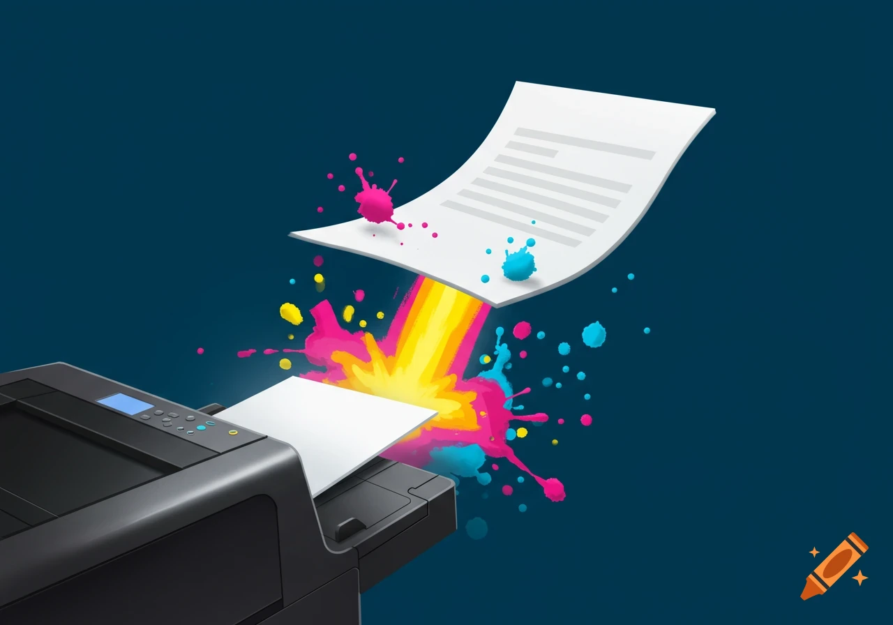 Printer launching paper with colorful ink splatters against a blue ...