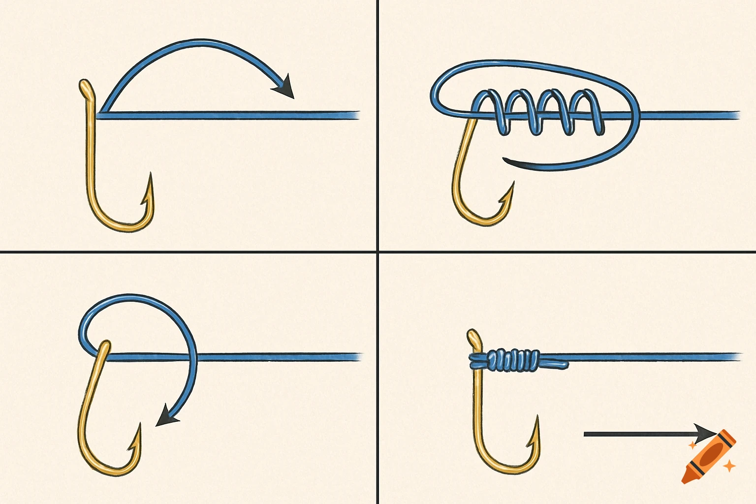 Four panel illustration demonstrating the steps to tie a fishing knot on a hook. on Craiyon
