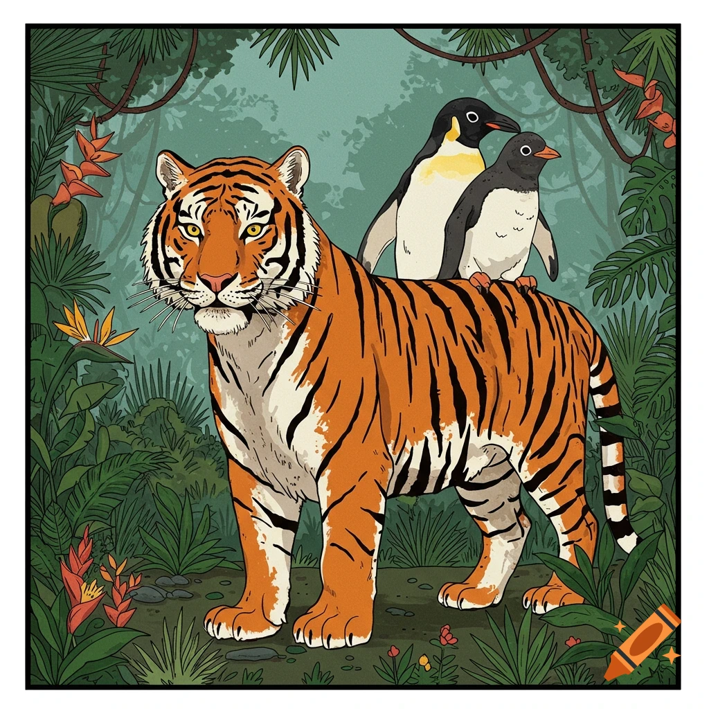 An illustration of a tiger standing in a jungle with two penguins ...