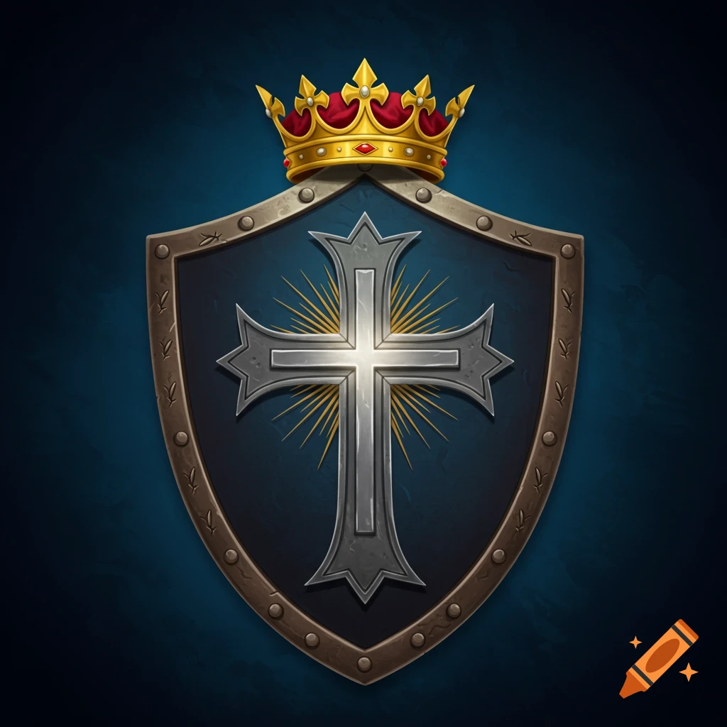An emblem featuring a shield with a cross, topped by a gold crown. on ...