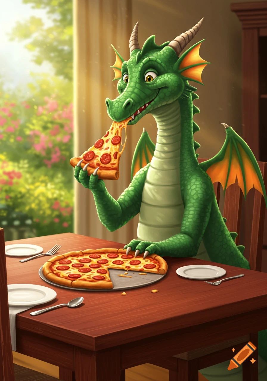 A cartoon green dragon eats a slice of pepperoni pizza at a dining ...