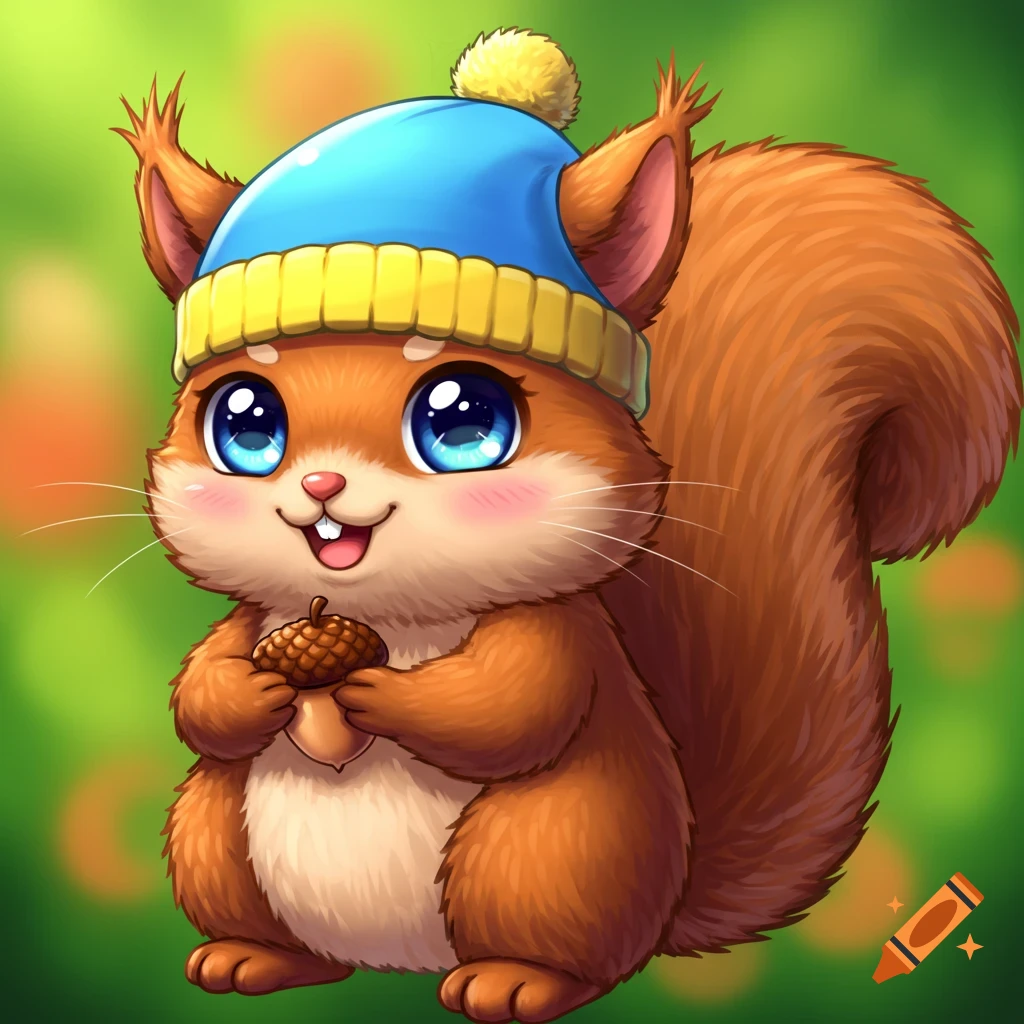 A cute cartoon squirrel wearing a blue and yellow beanie and holding an ...