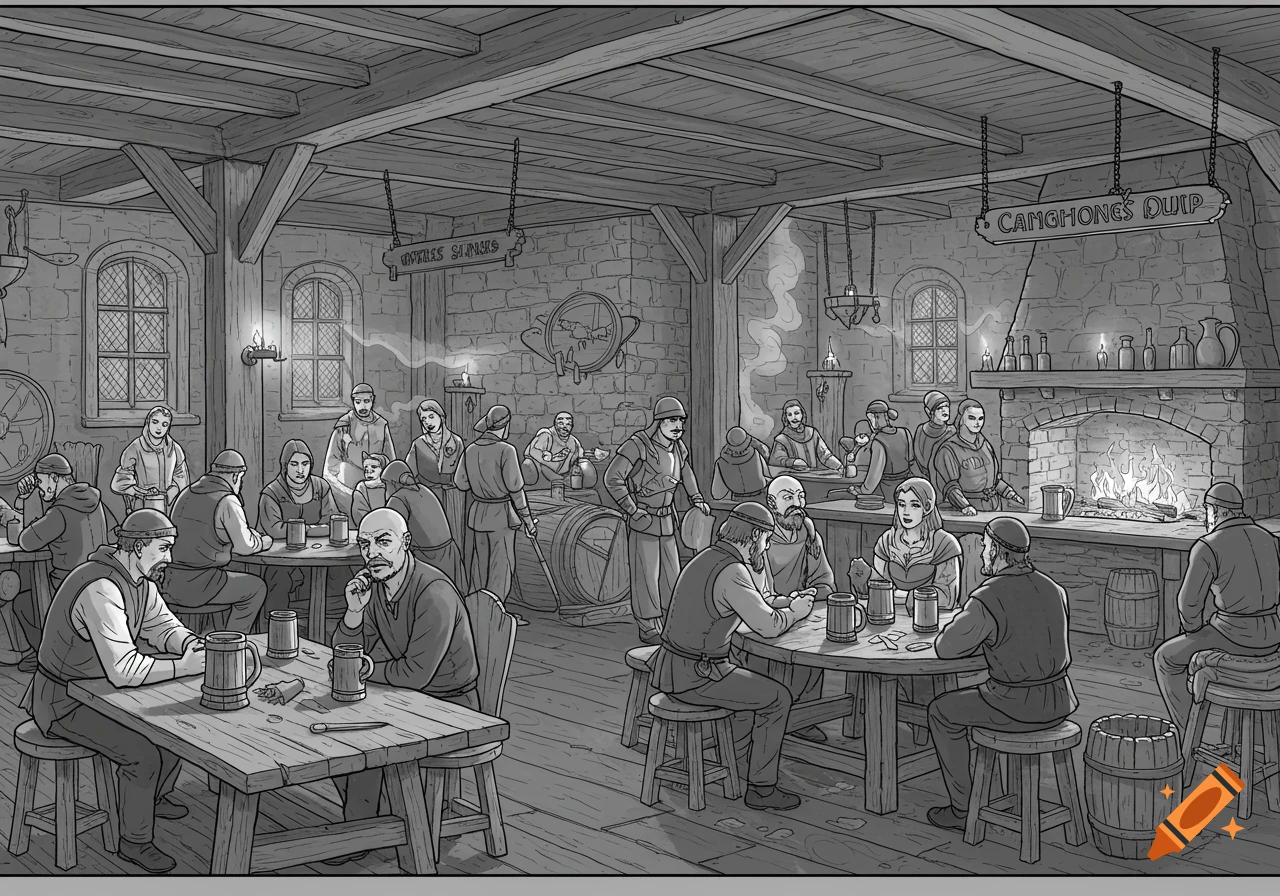 Black and white drawing of a busy medieval tavern interior with people ...