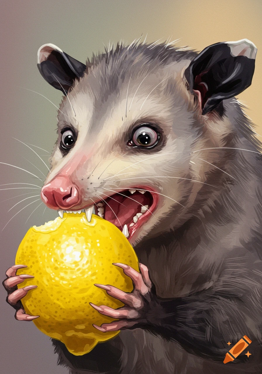 Illustration of a possum eating a large lemon with a sour expression on ...
