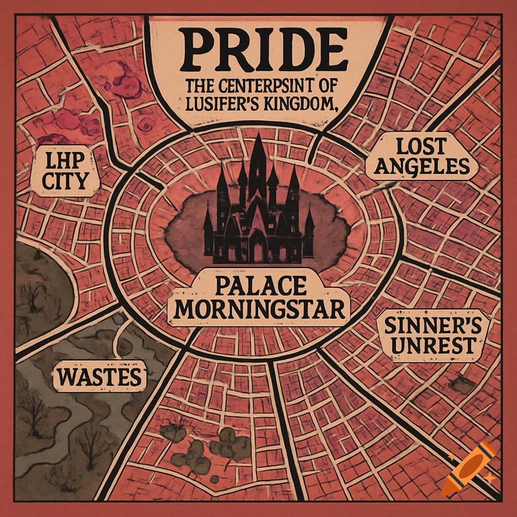 Top-down fantasy map showing Pride, Lucifer's kingdom, with labeled ...