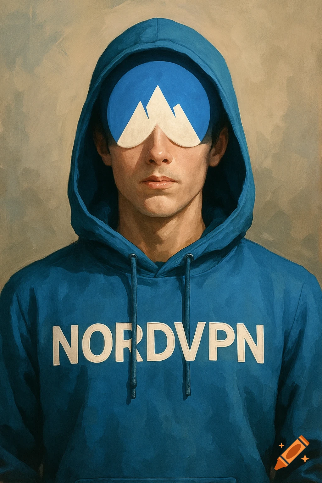 Portrait of a person in a blue NordVPN hoodie with logo eye mask ...