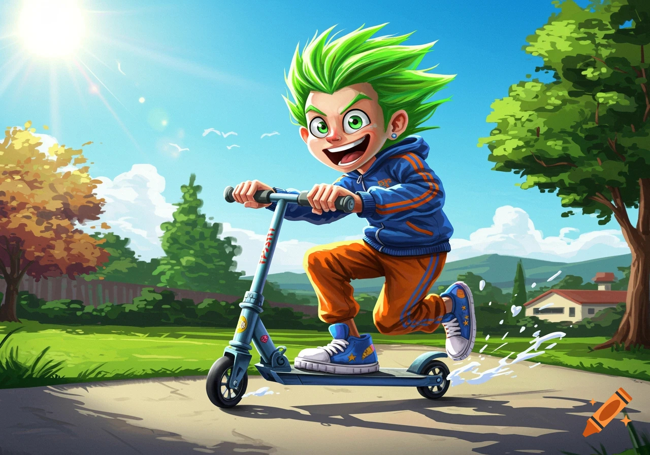 Cartoon kid with spiky green hair rides a scooter on a sunny path on ...