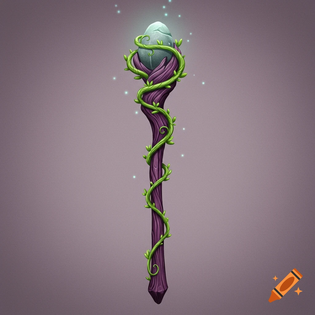 A magical staff made of purple wood with a stone tip wrapped in green ...