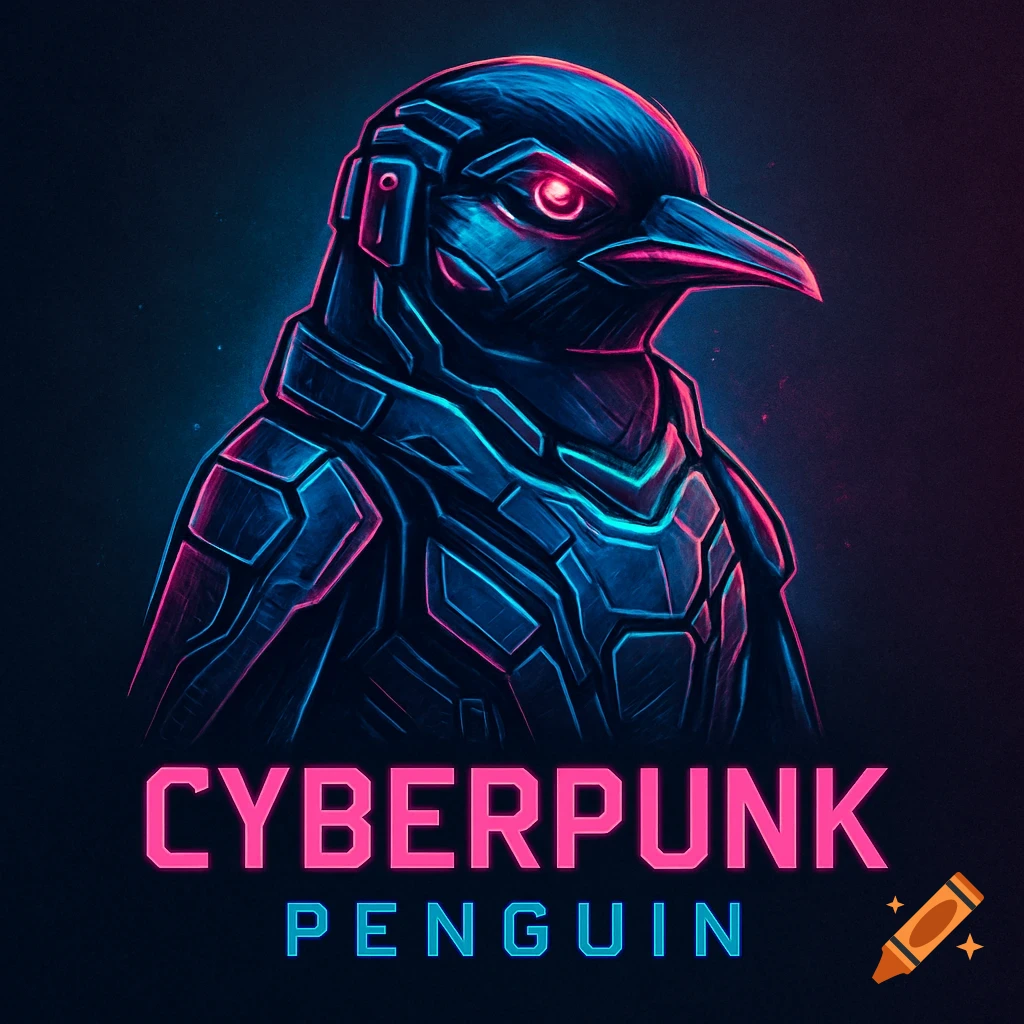 Cyberpunk penguin logo with neon pink and blue text on Craiyon